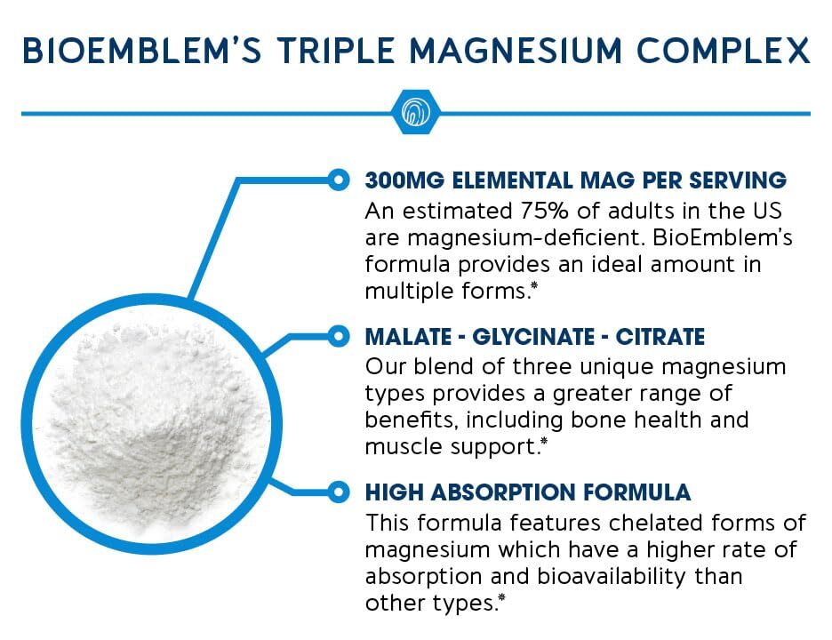 BioEmblem Triple Magnesium Complex, 300mg of Magnesium Glycinate 90 ...