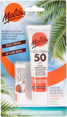 Malibu Sun Duo Pack, SPF 50 Face Cream Sunscreen and SPF 30 Lip Balm ...