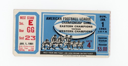 1961 First AFL Championship Game Ticket Stub Houston Oilers San Diego ...