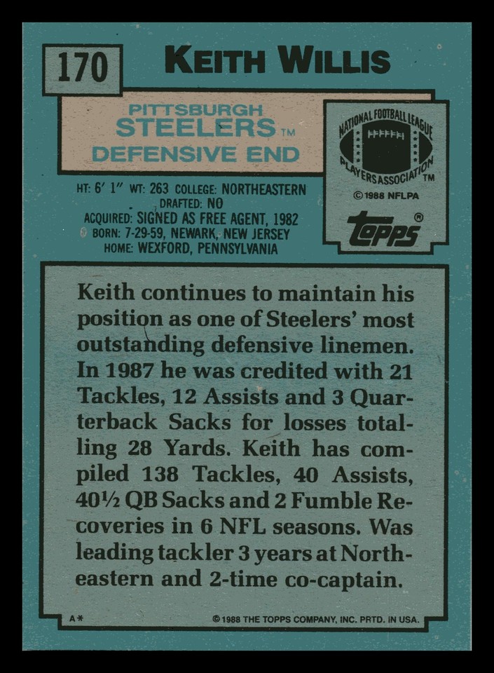 1988 Topps Keith Willis #170 Pittsburgh Steelers Mint | eBay