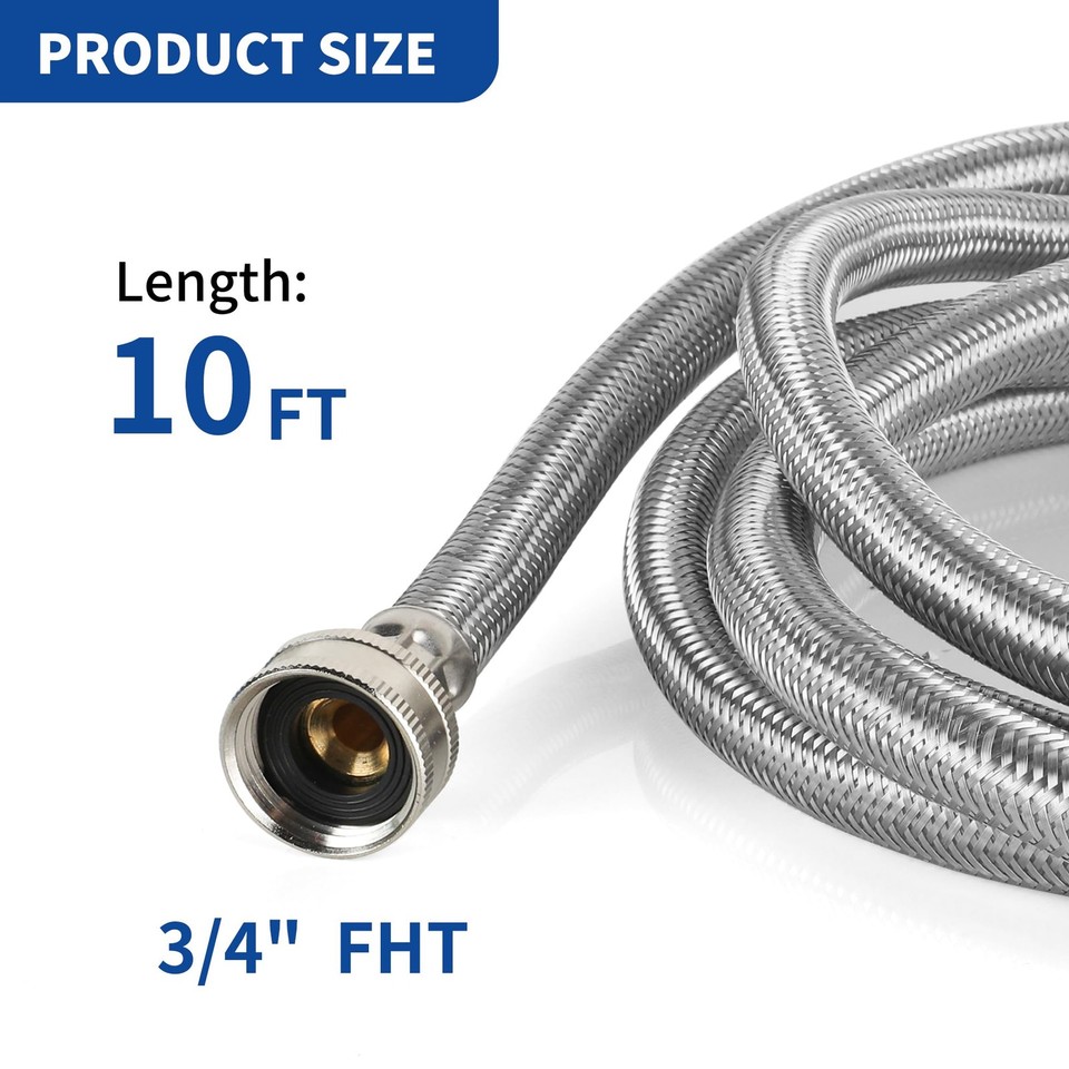 2 Pack 10 Foot Washing Machine Hoses Stainless Steel Burst Proof Water ...