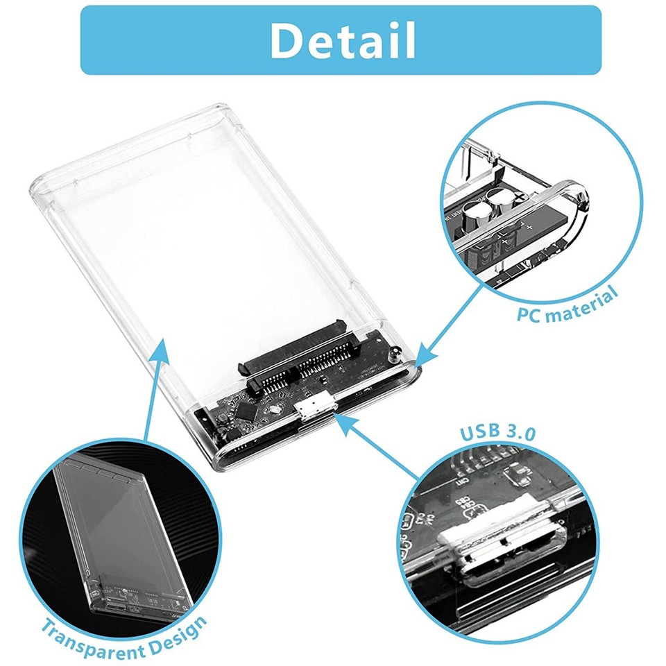 2.5" SATA USB 3.0 Clear Hard Drive Disk HDD SSD Enclosure External ...
