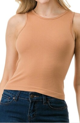 Sun Tan Waffle Texture Stretchy Seamless Top Glam party Yoga Casual ...