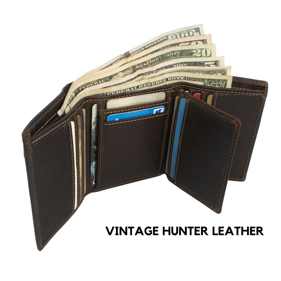 Men's Hunter Leather Wallets Bifold Trifold RFID Blocking Checkbook ...
