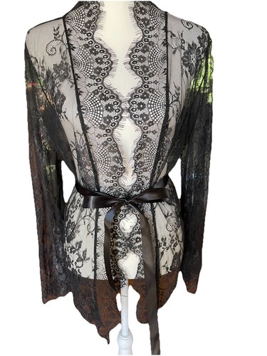 Leg Avenue Robe Kimono Womens Large Black Lace Cover Up Sexy Sheer ...