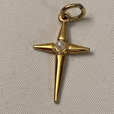 Gold Colored Cross Charm Pendant Christian Pointy W/ Accent Pearl ...