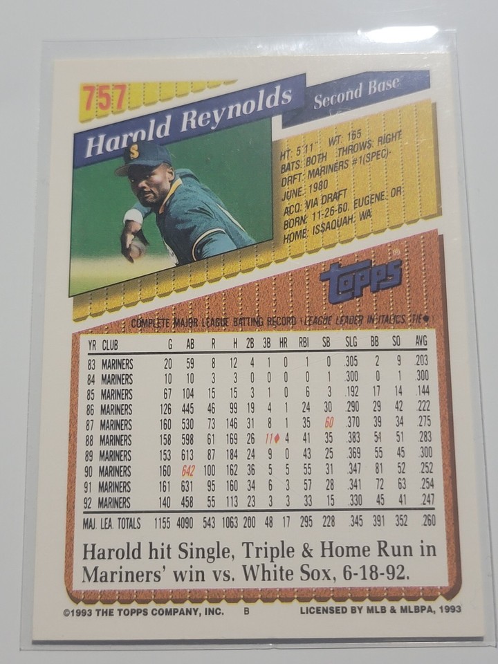 HAROLD REYNOLDS 1993 Topps #757. MARINERS | eBay