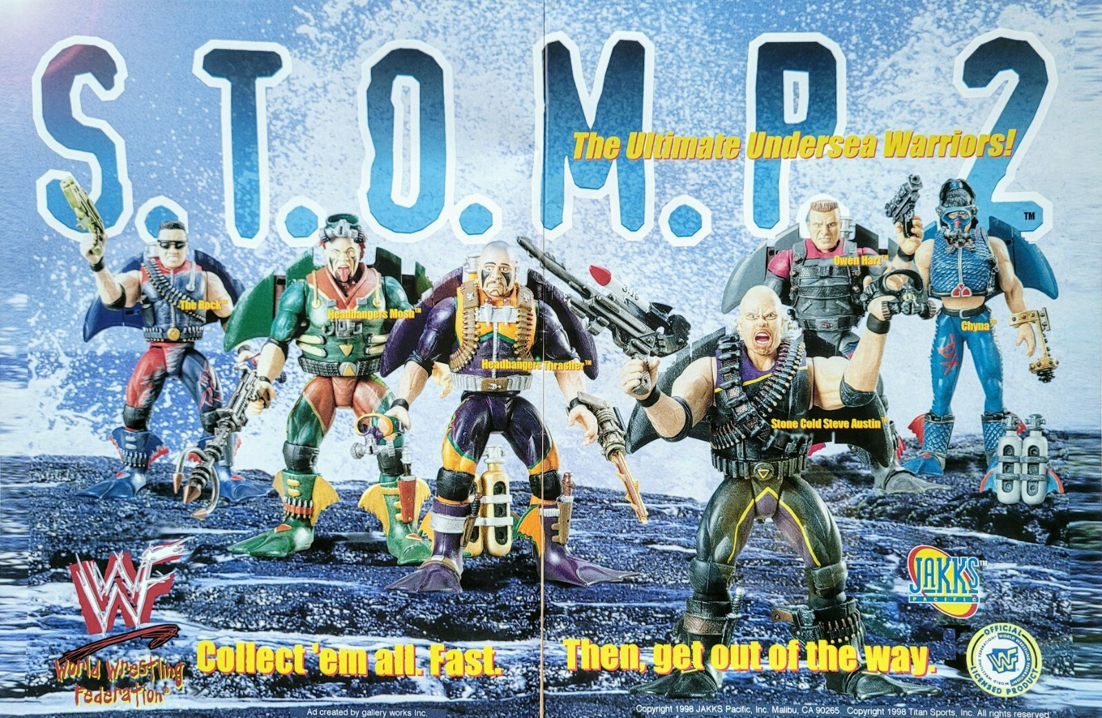 1998 WWF STOMP 2 Action Figures Toys - ROCK, STEVE AUSTIN, CHYNA = 2pg ...