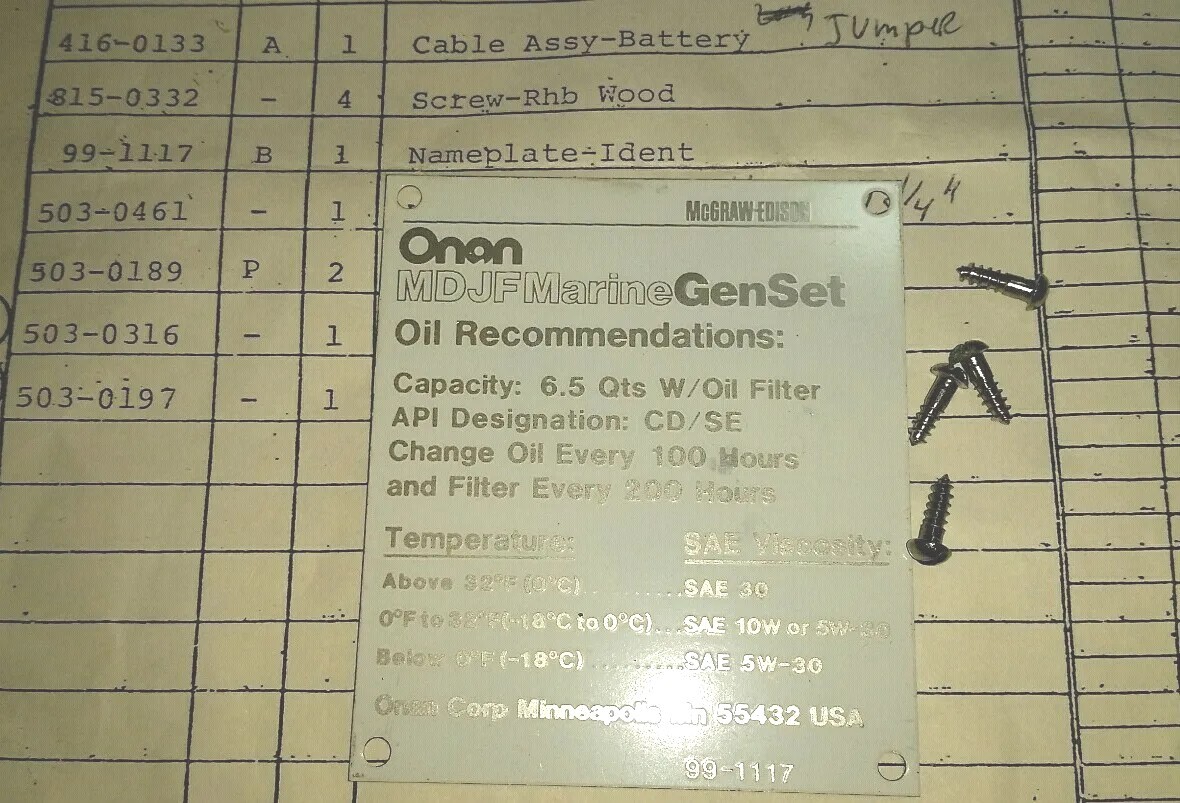 99-1117 ONAN NAMEPLATE IDENTITY Metal TAG MDJF MARINE W/ 815-0332 ...