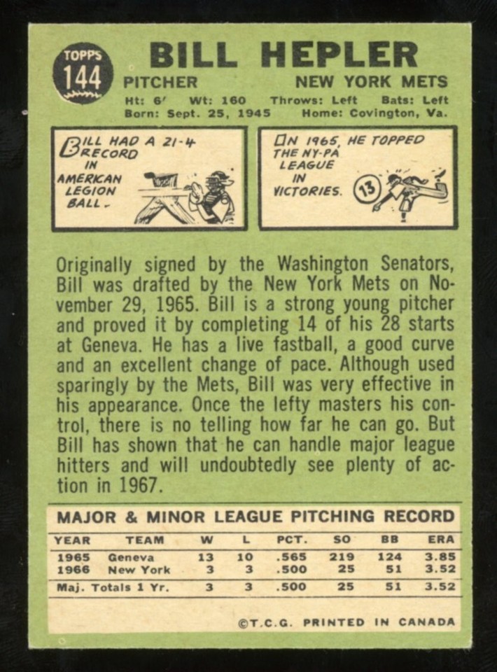 1967 OPC O PEE CHEE TOPPS BASEBALL MLB 144 BILL HEPLER NM NEW YORK N Y ...