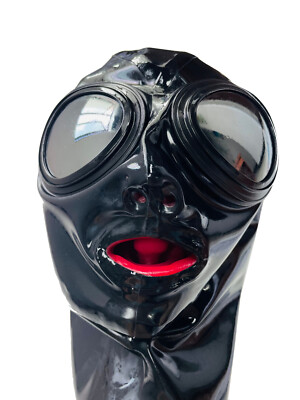 Latex Gummi mask with eye glass 15cm long nose tube red teeth back zip ...