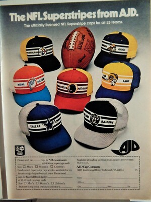 AJD NFL SUPERSTRIPES OFFICIAL CAPS ORIG. VTG 1977 PHOTO AD, | eBay