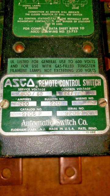 ASCO 920 Remote Control Switch Lighting Contactor 200 Amp 3 Pole 600 ...