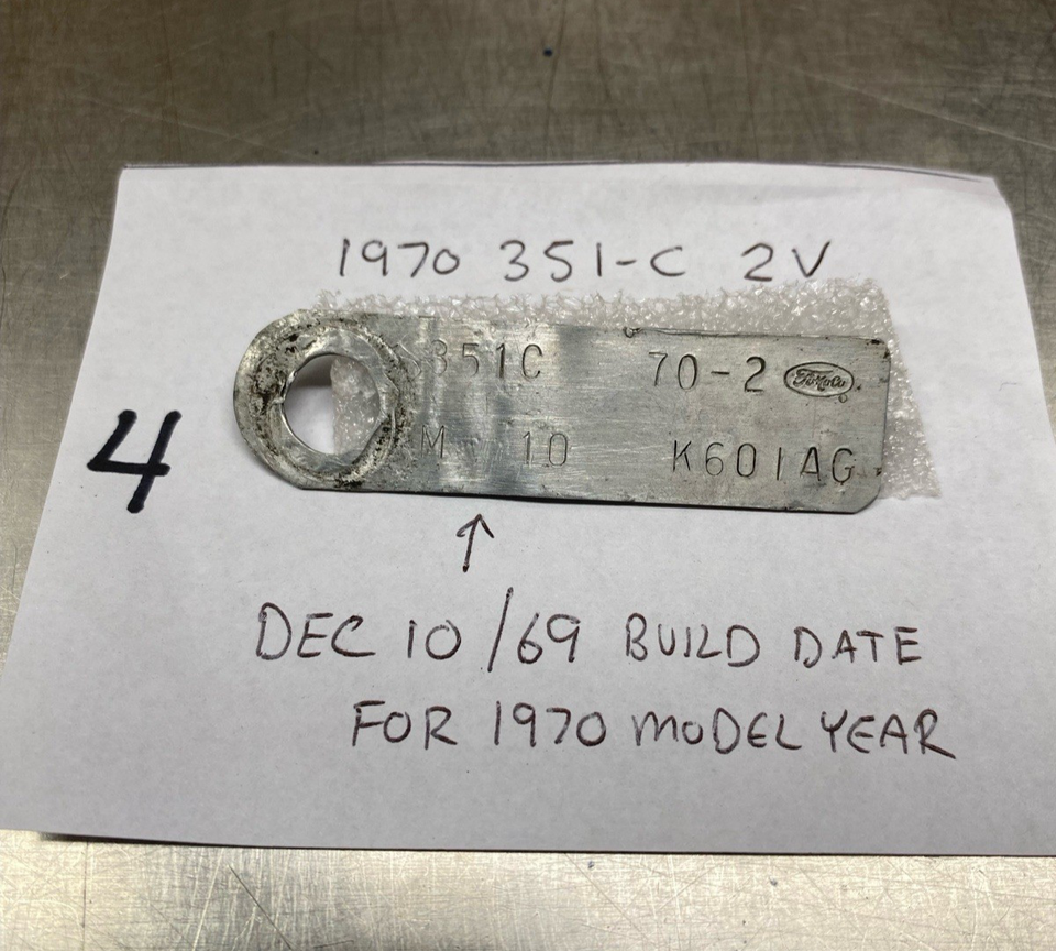 1969 1970 Ford Mustang Mercury Cougar Original Engine ID Tag FOMOCO 351 ...