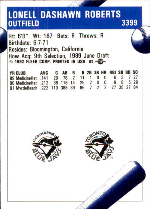 1992 St. Catharines Blue Jays Fleer/ProCards #3399 Lonell Roberts ...