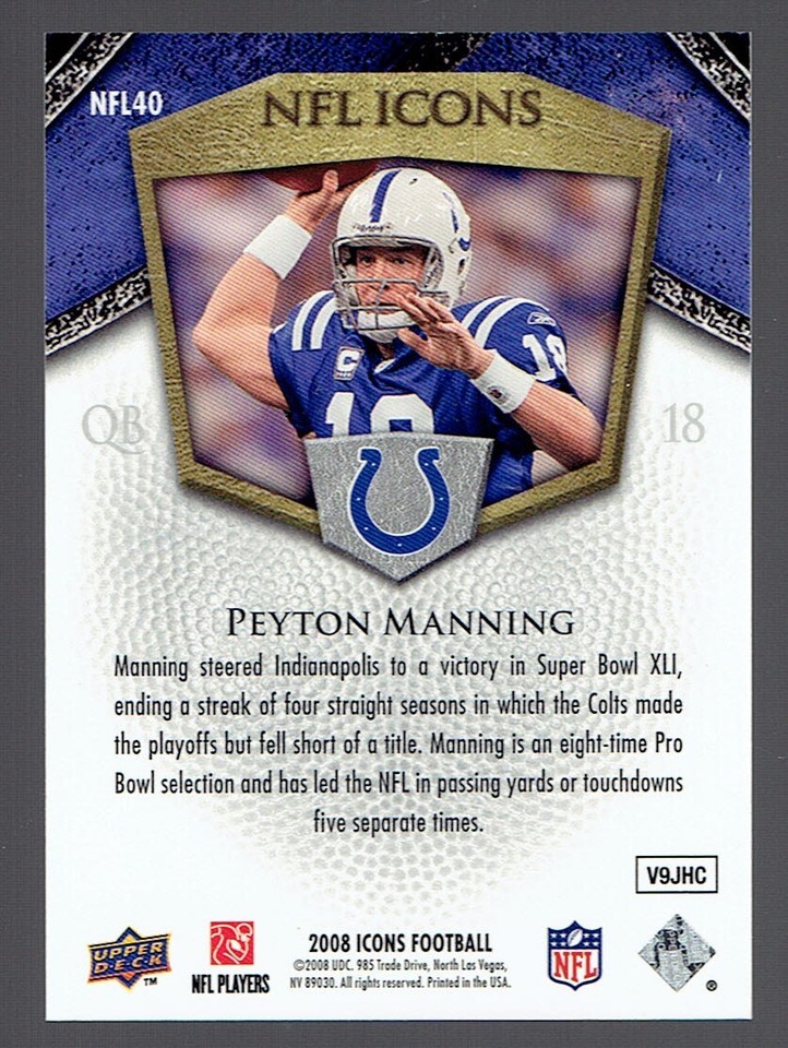 2008 Upper Deck NFL Icons Peyton Manning Insert Football Card 159/799 ...