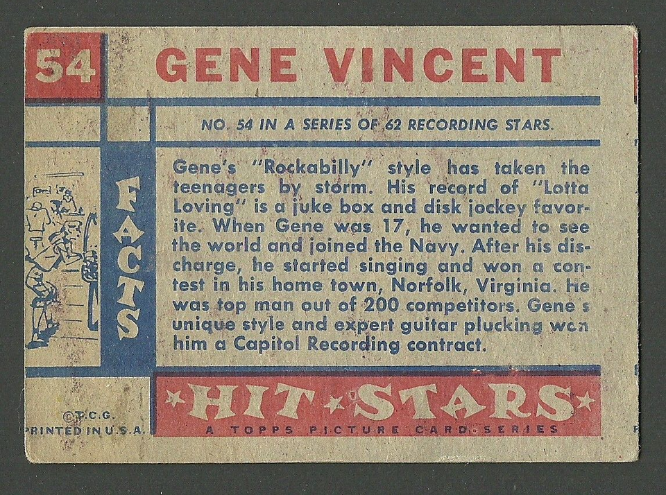 Gene Vincent 1957 Topps Hit Stars Rock n Roll Pop Music Card #54 | eBay