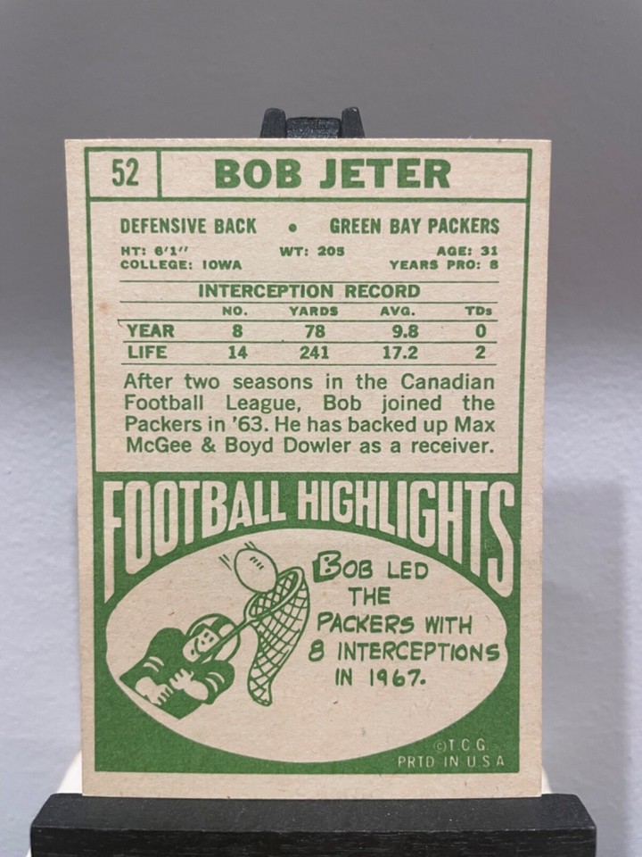 1968 Topps Bob Jeter #52 Rookie RC (No creases, wax on front) EX | eBay