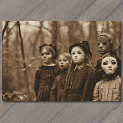 POSTCARD Weird Creepy Vintage Look Vibe Kids Masks Halloween Cult ...