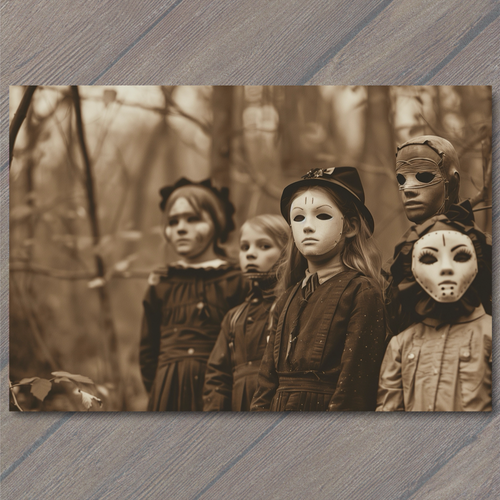 POSTCARD Weird Creepy Vintage Look Vibe Kids Masks Halloween Cult ...
