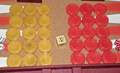 Vtg BAKELITE BACKGAMMON SET Cork Board Crisloid Red & Butterscotch ...