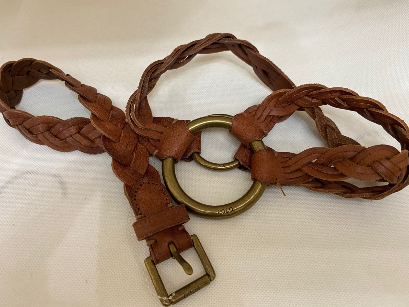 Polo Ralph Lauren Double Strap Braided Brown Leather Belt O-Ring Brass ...