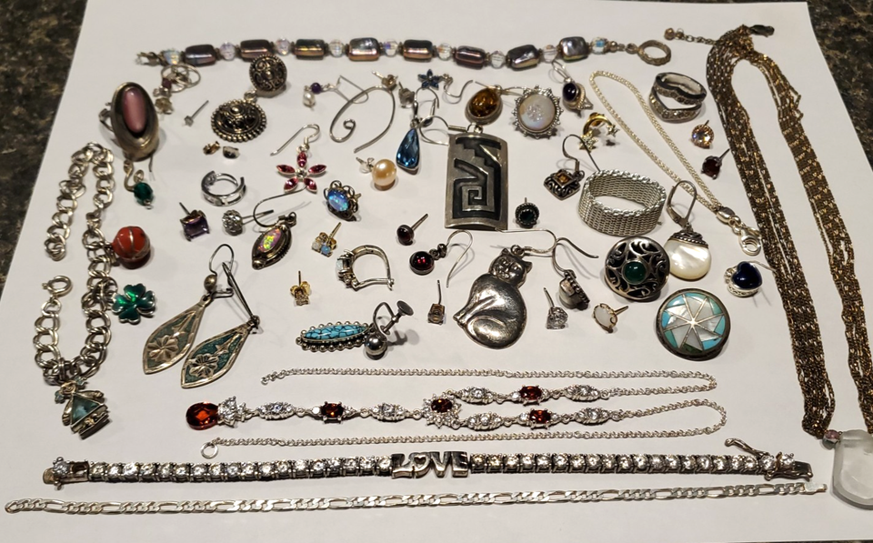 Jewelry Lot Estate 152 Grams-Sterling/925 Precious Stones & Solid Scrap ...