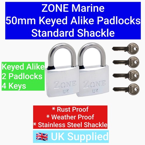 2 * Zone Marine Padlocks 50mm, Keyed Alike, S/Steel Shackle ...