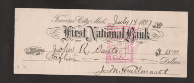 Vintage Check - First National Bank - July 14, 1897 - Traverse City ...