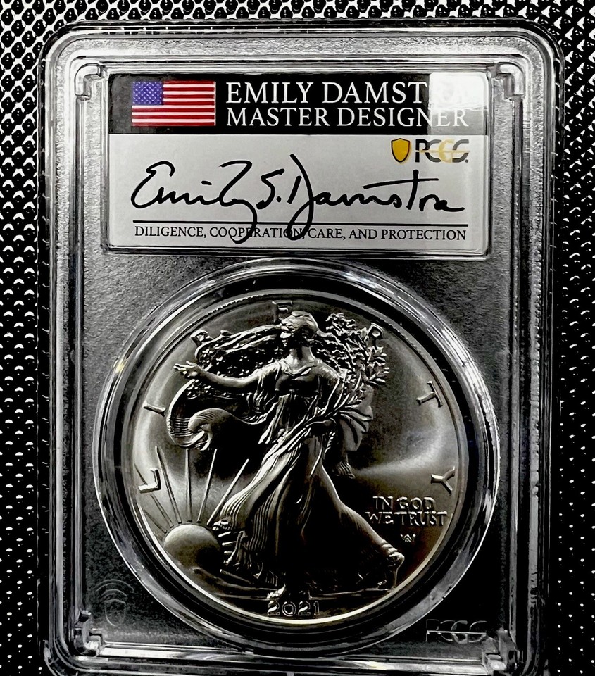 2021 SILVER EAGLE PCGS EMILY DAMSTRA AT DUSK AT DAWN 35TH YEAR U.S.MINT ...