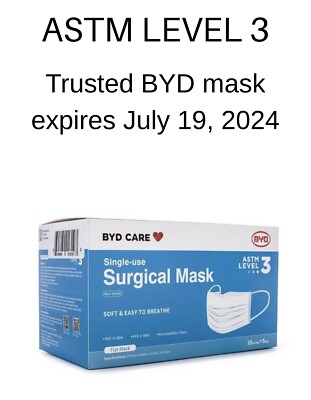 BYD CARE Single-use Surgical Masks, One-size, Blue Box 50 PCS ASTM Lvl ...