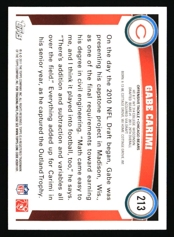 Gabe Carimi 2011 Topps #213 FOOTBALL Card | eBay