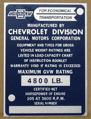 SERIAL NUMBER CHEVY ID TAG CHEVROLET DATA PLATE CUSTOM IDENTIFICATION ...
