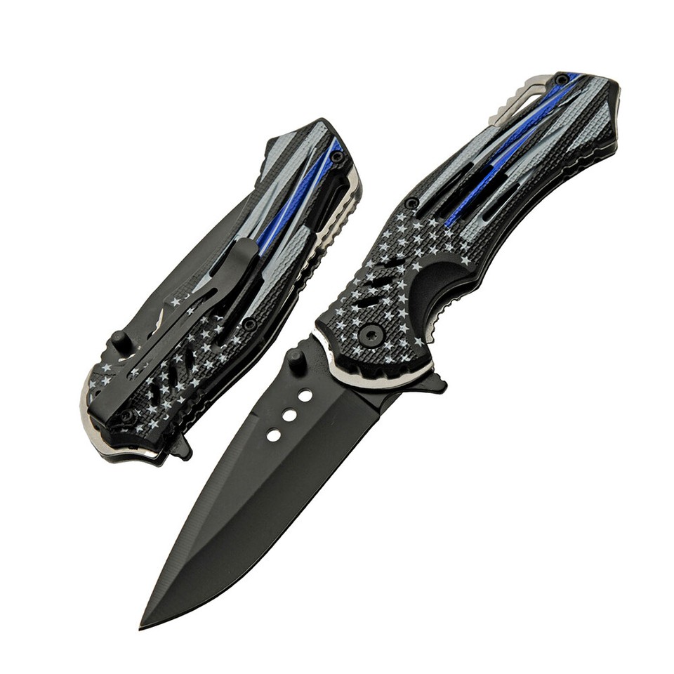 Police BLUE LINE Spring Assisted KNIFE - Folding Pocket Folder Flag ...