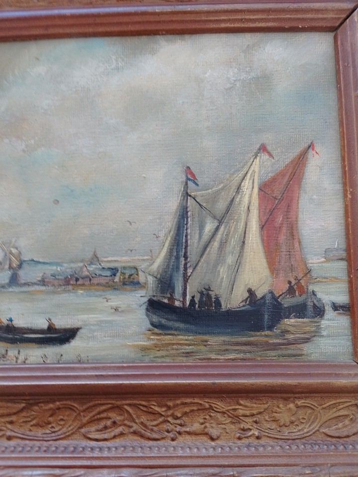 Vintage Original Oil Painting Framed Barge Scene Possibly Dutch Signed ...
