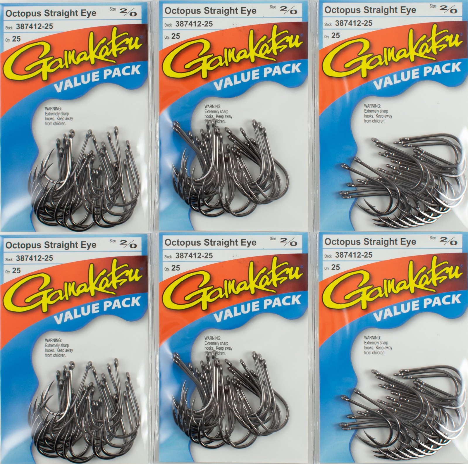 (LOT OF 6) GAMAKATSU OCTOPUS STRAIGHT EYE NS BLACK HOOK 2/0 387412-25 ...