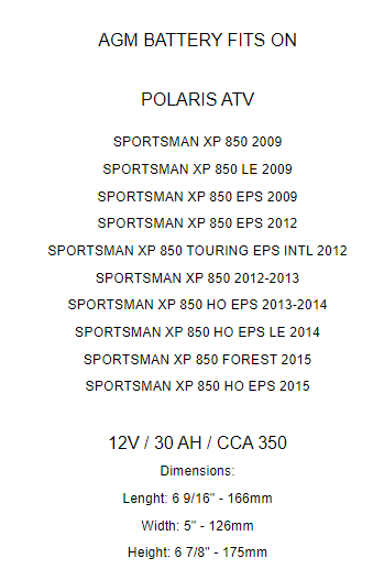 AGM Battery for Polaris Sportsman XP 850 2009 2012 2013 2014 2015 | eBay
