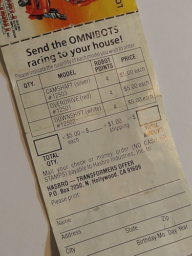 1985 Transformers OmniBots Order Form Rare Hasbro Camshaft, Overdrive ...
