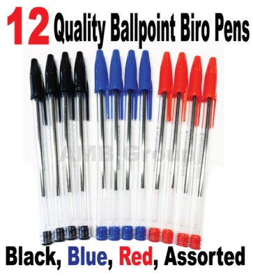 12 HIGH QUALITY BALLPOINT BIRO PENS. BLACK, BLUE, RED, ASSORTED ...