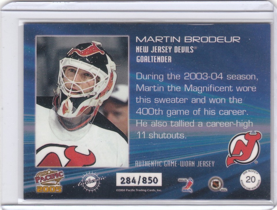 04/05 2004-05 Pacific Authentic Jersey Card #20 Martin Brodeur NJ ...