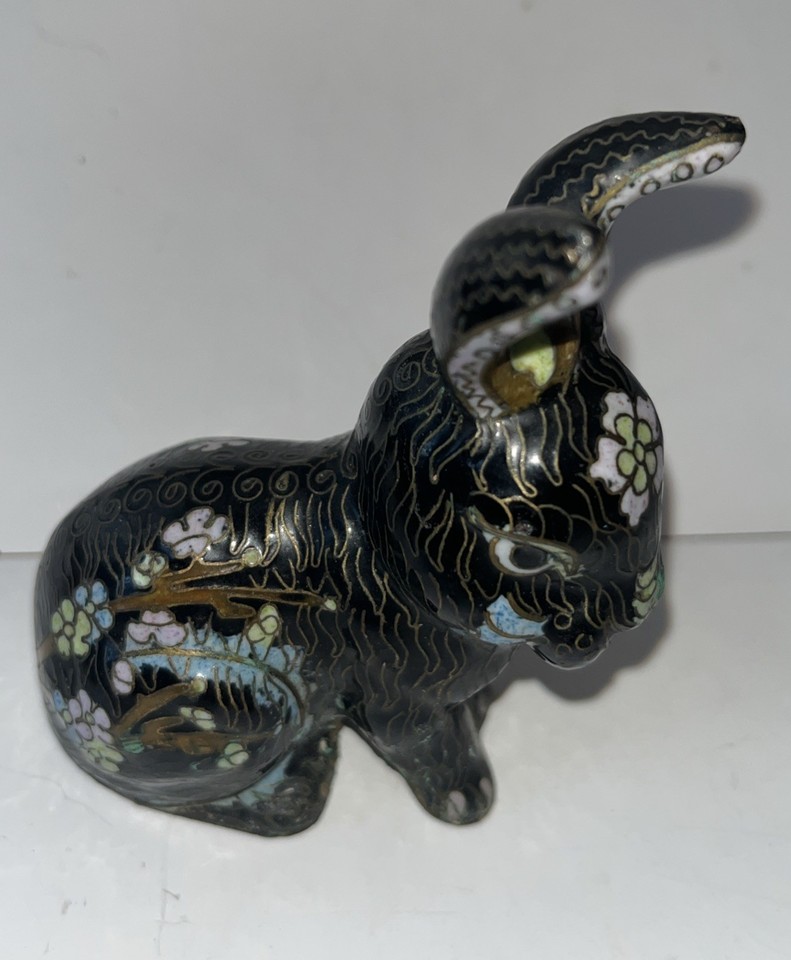 Vintage Chinese 4” Cloisonne Hand Painted Black Rabbit Figurine Floral ...