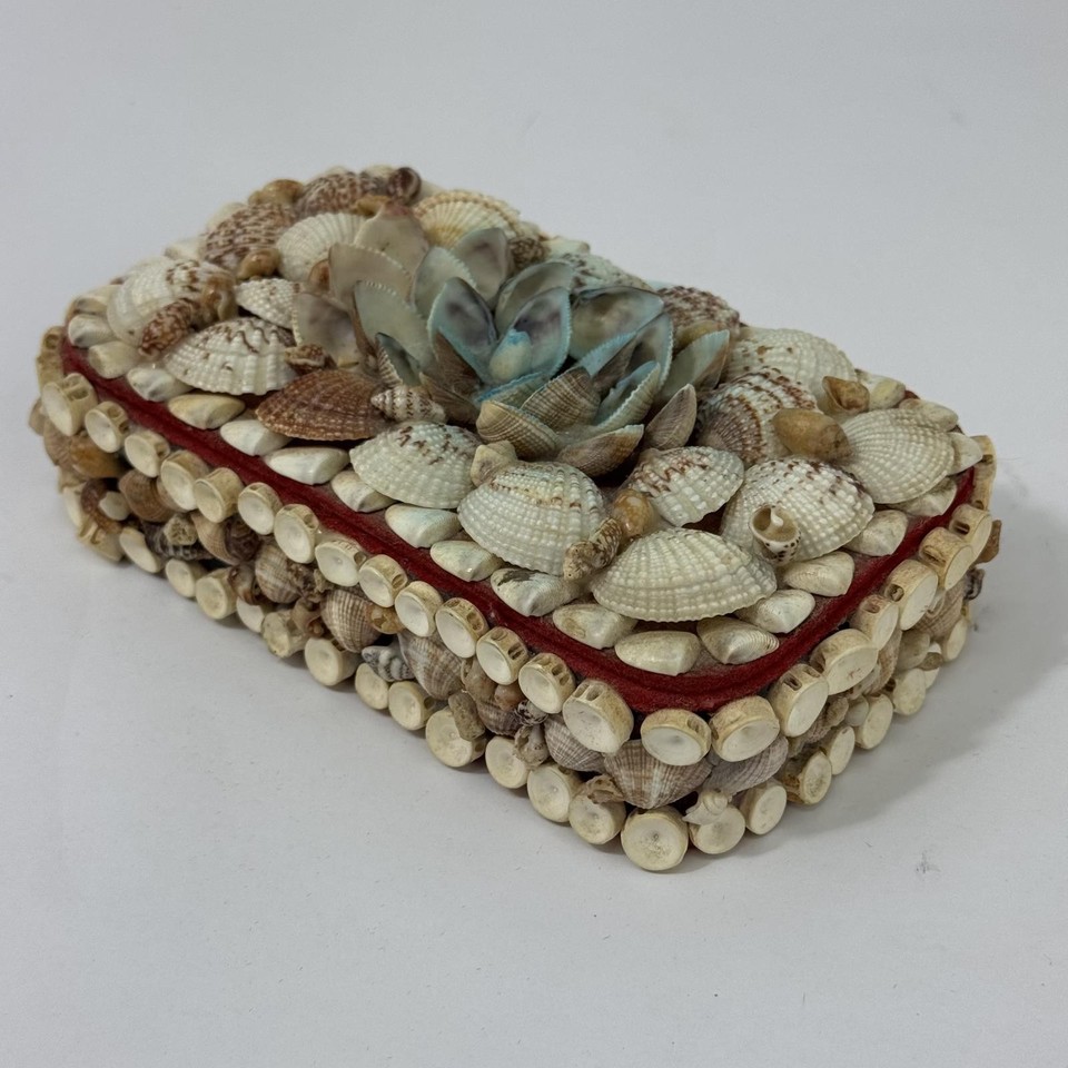 Vintage Seashell Covered Trinket Box Red Velvet Lined Collectible ...