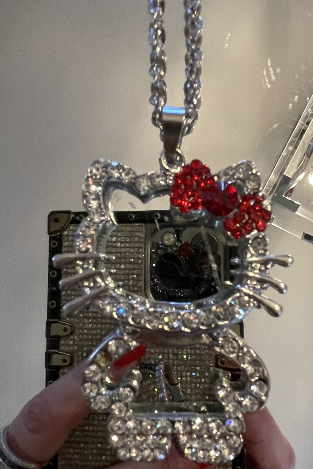 Hello Kitty Silver Chain Red Bow Crystal Pendant Neck… - Gem