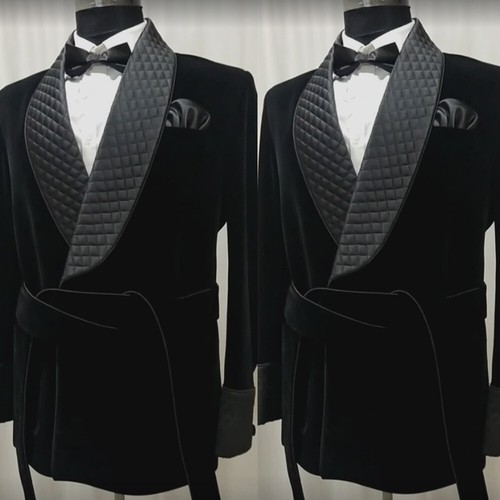 Black Men's Suits Velvet Smoking Jacket Belted Wedding Evening Party ...
