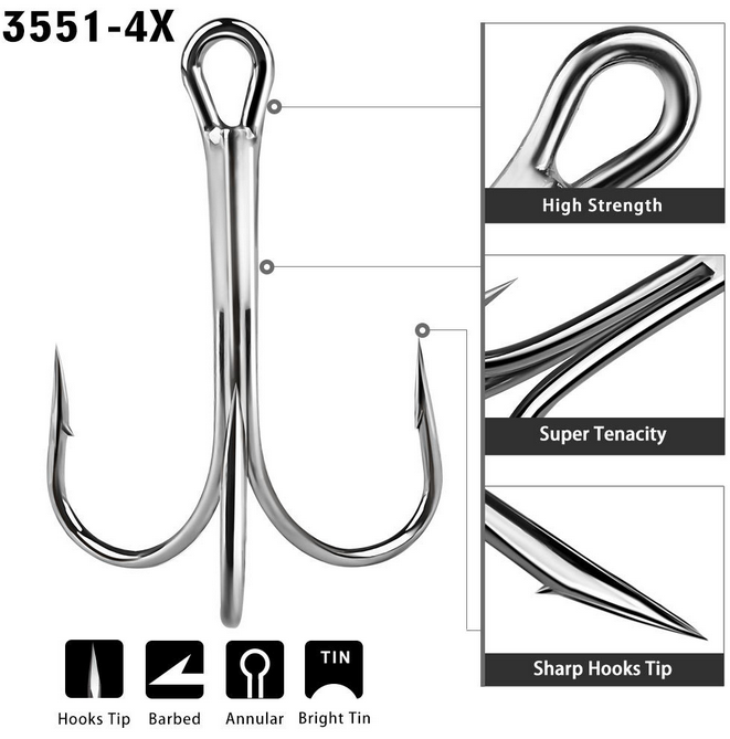 20PCS 4X Fishing Hooks High-Carbon Steel Ultra-Sharp Treble Hook Size 6 ...