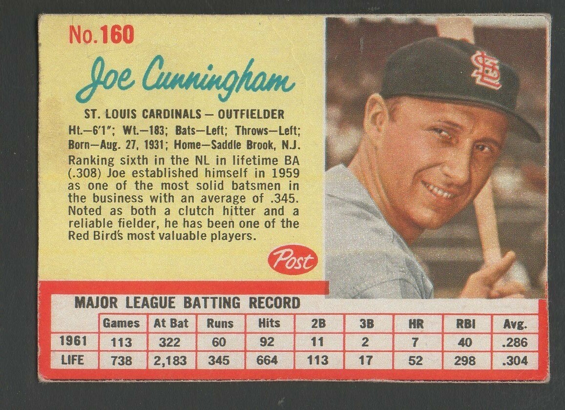 1962 Post Baseball Card #160 Joe Cunningham-St Louis Cardinals Ex Mint ...