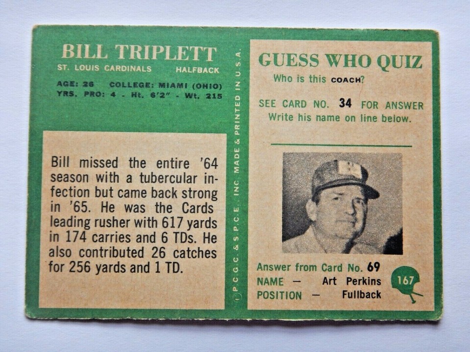 Bill Triplett #167 Philadelphia 1966 Football Card (St Louis Cardinals ...