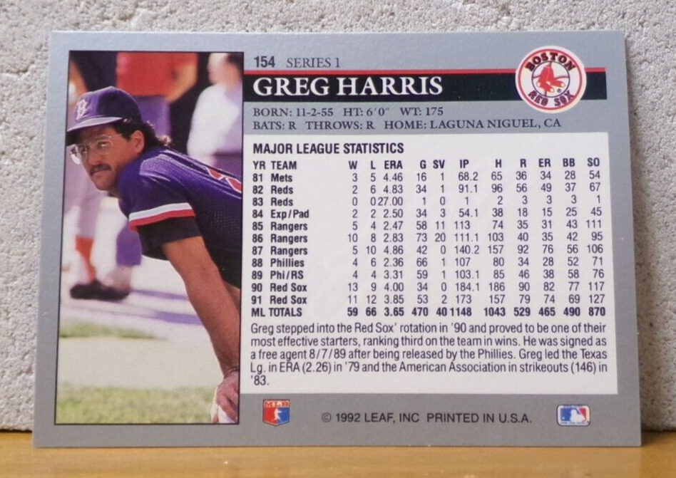COOL BASEBALL CARD FROM VINTAGE PACK LEAF 1992 BOSTON RED SOX GREG ...