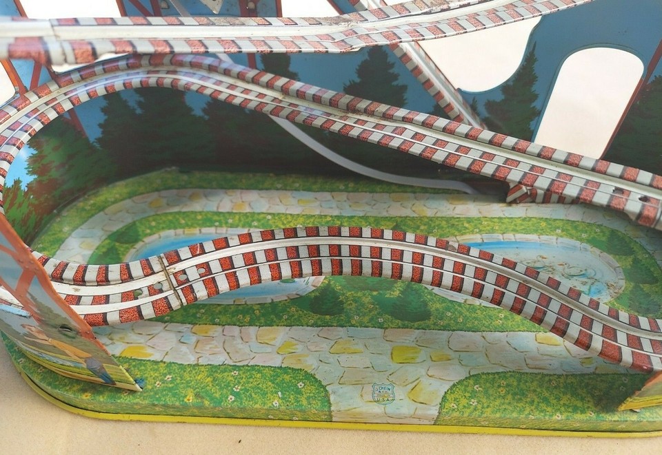 J. CHEIN VINTAGE WIND UP DRIVE BELT ROLLER COASTER TIN TOY | eBay