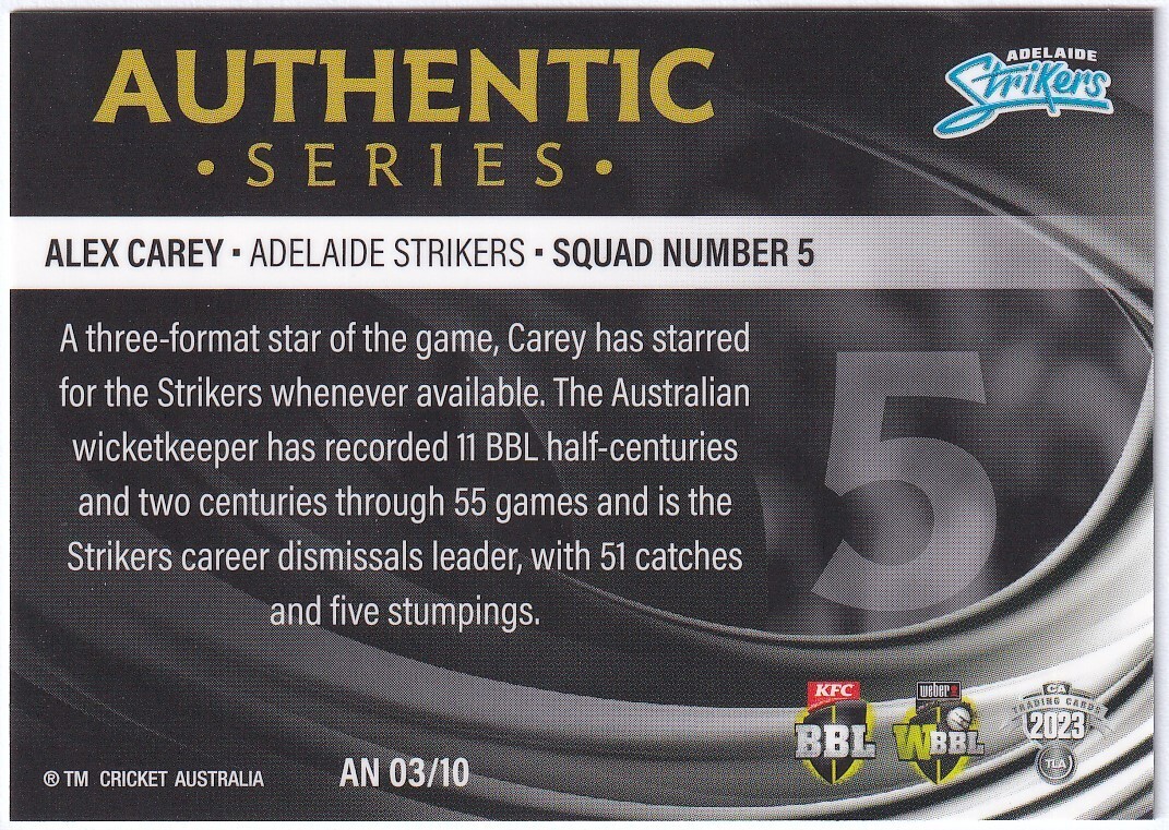 2023/24 CRICKET TRADERS 'AUTHENTIC NUMBER' AN03/10 ALEX CAREY ...